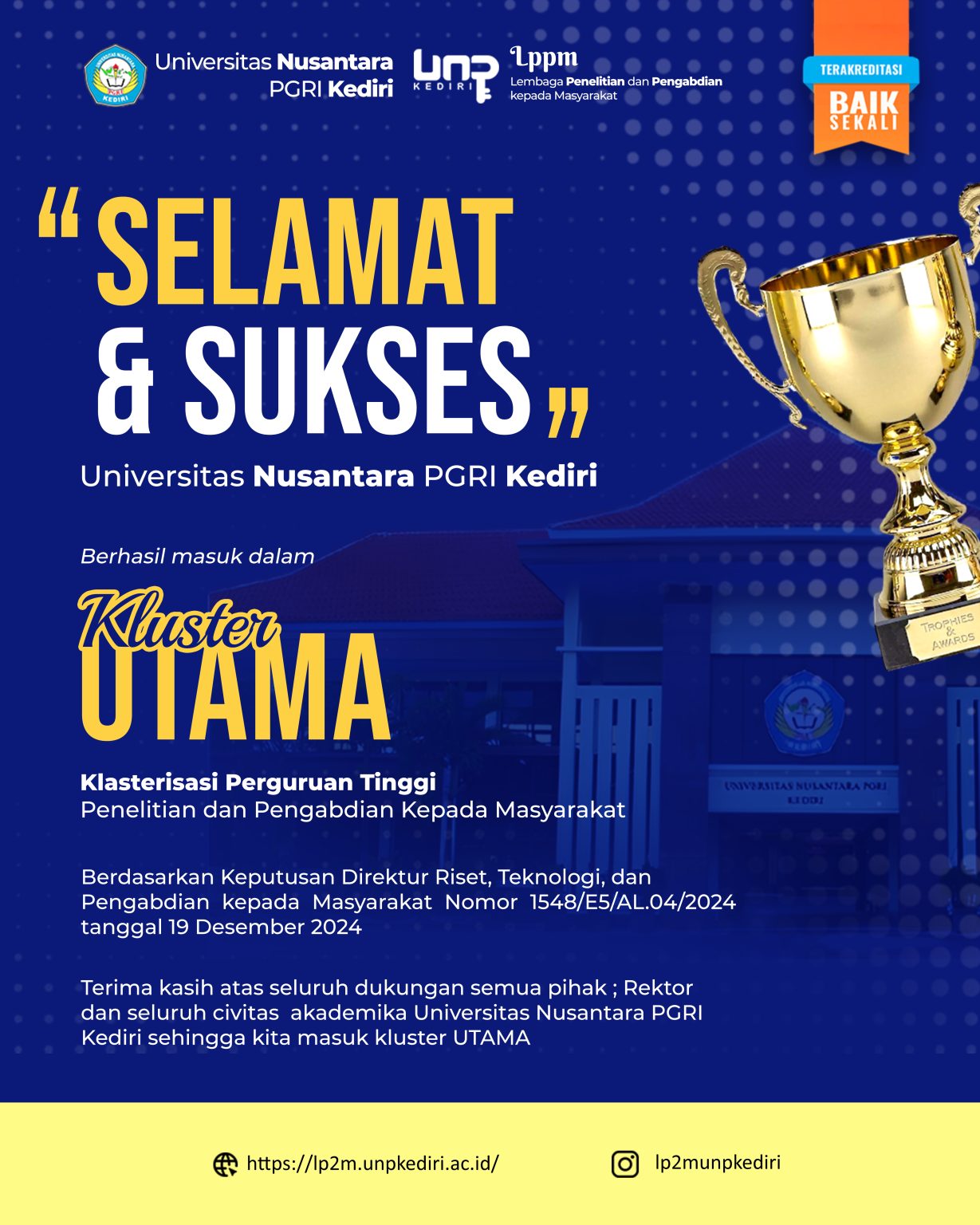 Selamat Universitas Nusantara PGRI Kediri (UNP Kediri) Masuk PT Kluster UTAMA Dalam Bidang ...